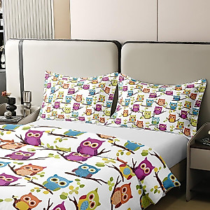 Feelyou Owl Bedding Set Twin 3D Animal Printed Comforter Cover Set for Kids Adults Bird Decor Duvet Cover 100% Cotton Cartoon Owls Design Bedspread Cover Room Decor with 1 Pillow Case, No Comforter