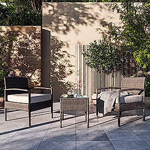 BELLEZE 3 Piece Patio Set, Patio Furniture Set with Tempered Coffee Table and Wicker Chairs, Balcony Furniture Outdoor Patio Set with Removable Cushions for Garden Balcony Backyard Poolside - Brown