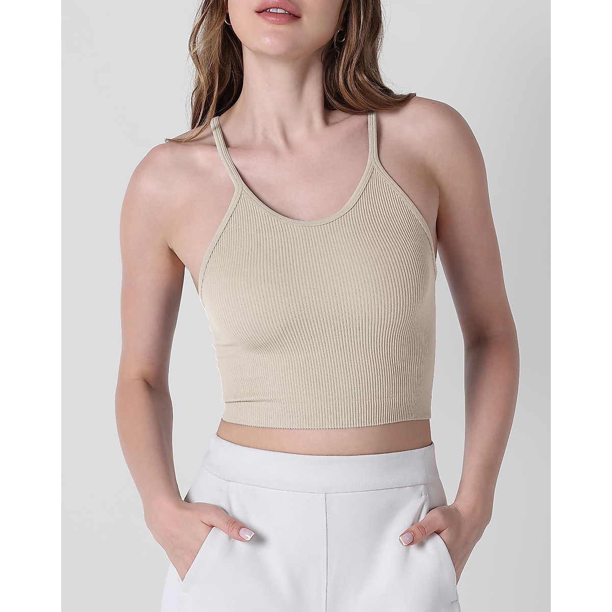 ASLABCREW Women's Crop 4 Piece Seamless Ribbed Camisole Strappy Cropped Tank Tops, Mushroom+Clay+Brunette+Wine, Medium/Large