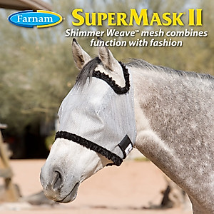SuperMask II Shimmer Weave Mesh Horse Fly Mask Without Ears, Eye Protection from Insect Pests, Soft Silver Mesh with Black Plush Trim, Horse Size