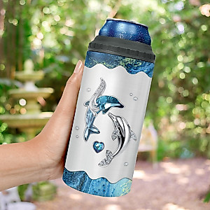Wassmin Dolphin Tumbler Can Cooler 4-in-1 Dolphin Gift For Women Girls Teen Dolphins Jewelry Drawings Stainless Steel Insulated Tumblers 16oz Cup witj Lid Birthday Christmas Presents