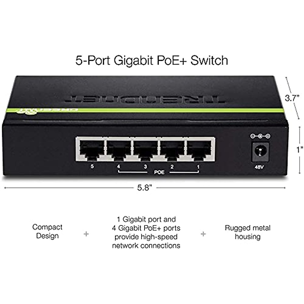 TRENDnet 5-Port Gigabit PoE+ Switch, 31 W PoE Budget, 10 Gbps Switching Capacity, Data & Power Through Ethernet to PoE Access Points and IP Cameras, Full & Half Duplex, Black, TPE-TG50g