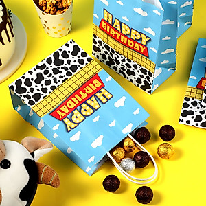16 Pcs Cartoon Story Birthday Party Favor Bags, Cow Pattern Birthday Goodie Treat Bags Party Supplies, Blue Sky White Cloud Kraft Paper Candy Gift Bags with Handle for Kids Birthday Party Decorations