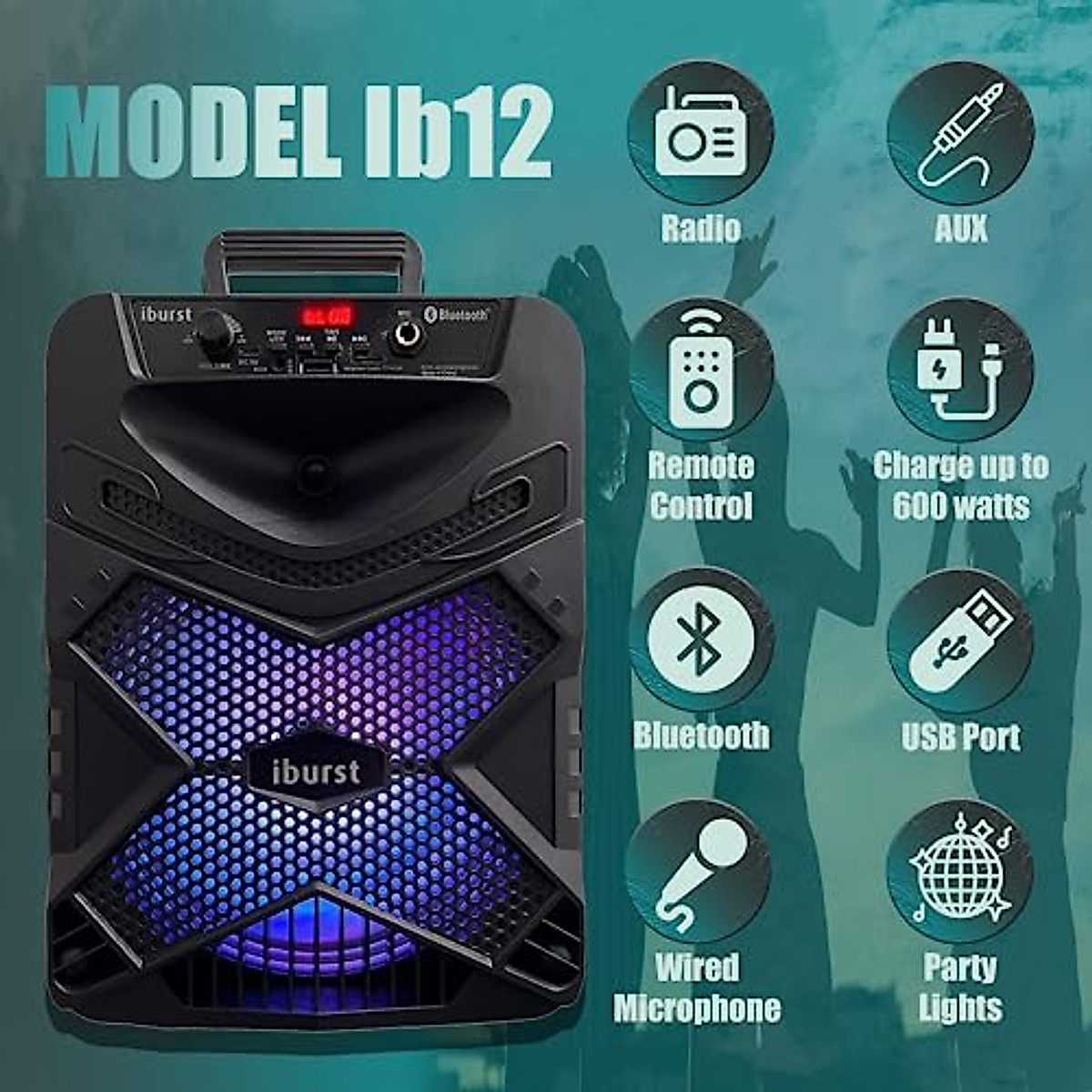 Iburst Portable Bluetooth PA Speaker System Rechargeable Outdoor Subwoofer, Microphone in, Party Lights, USB, Radio, Wired Microphone + Remote Stereo Loud Sound (IB12)