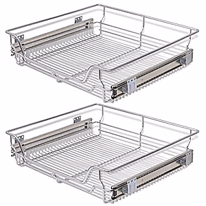 Festnight Pack of 2 Pull-Out Wire Storage Baskets Rack Sliding Steel Cabinet Slides Under Shelves Sliding Organizer for Kitchen Pantry Bathroom Cupboard Suitable for 23.6" Wide Cabinet