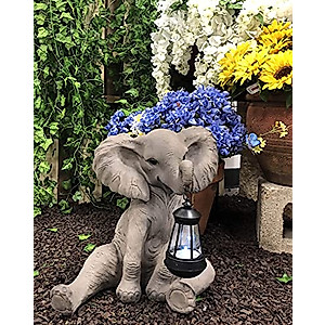 Ebros Safari Savanna Wildlife Animal Melee Adorable Pachy Elephant Statue Home Patio Decor Figurine with Solar LED Light Lantern Lamp 13.75"H Guest Greeter Elephants Path Lighter Sculpture