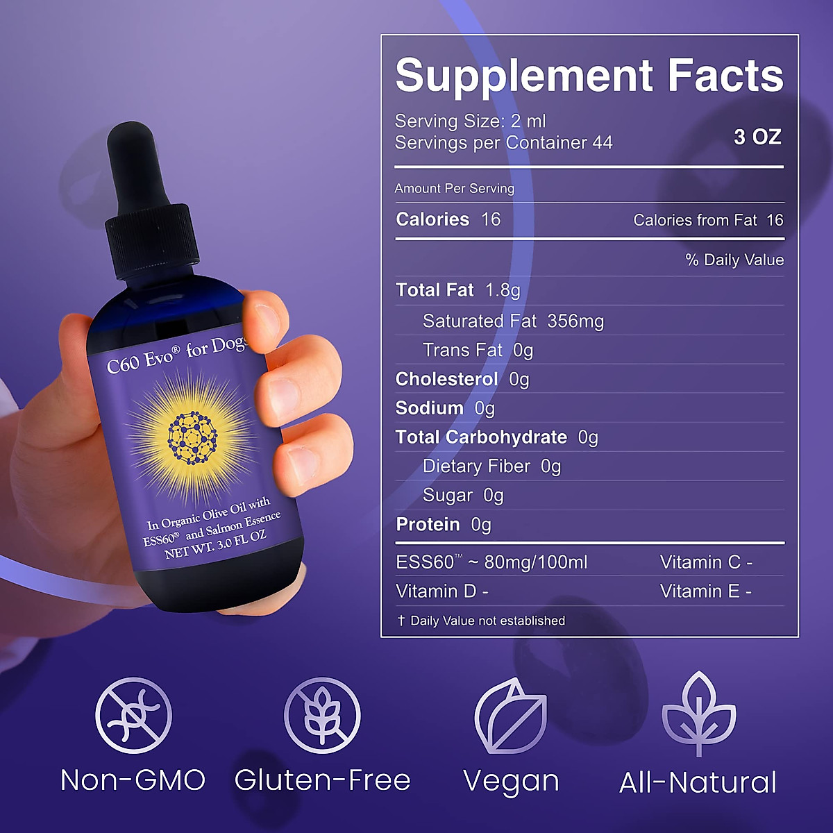 C60 Evo Dog Supplement, Pure ESS60 in Extra Virgin Olive Oil for Dogs, All-in-One Dog Immune Supplement, Dog Joint and Energy Support, Infused with Natural Bacon Essence, 3 oz - C60 Evo