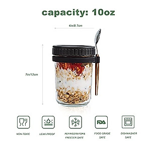 ZCXQM Overnight Oatmeal Containers and Spoon, 10 oz Set of 2, Glass Mason Jars with Airtight Lids for Cereal Yogurt and Parfait (Black)