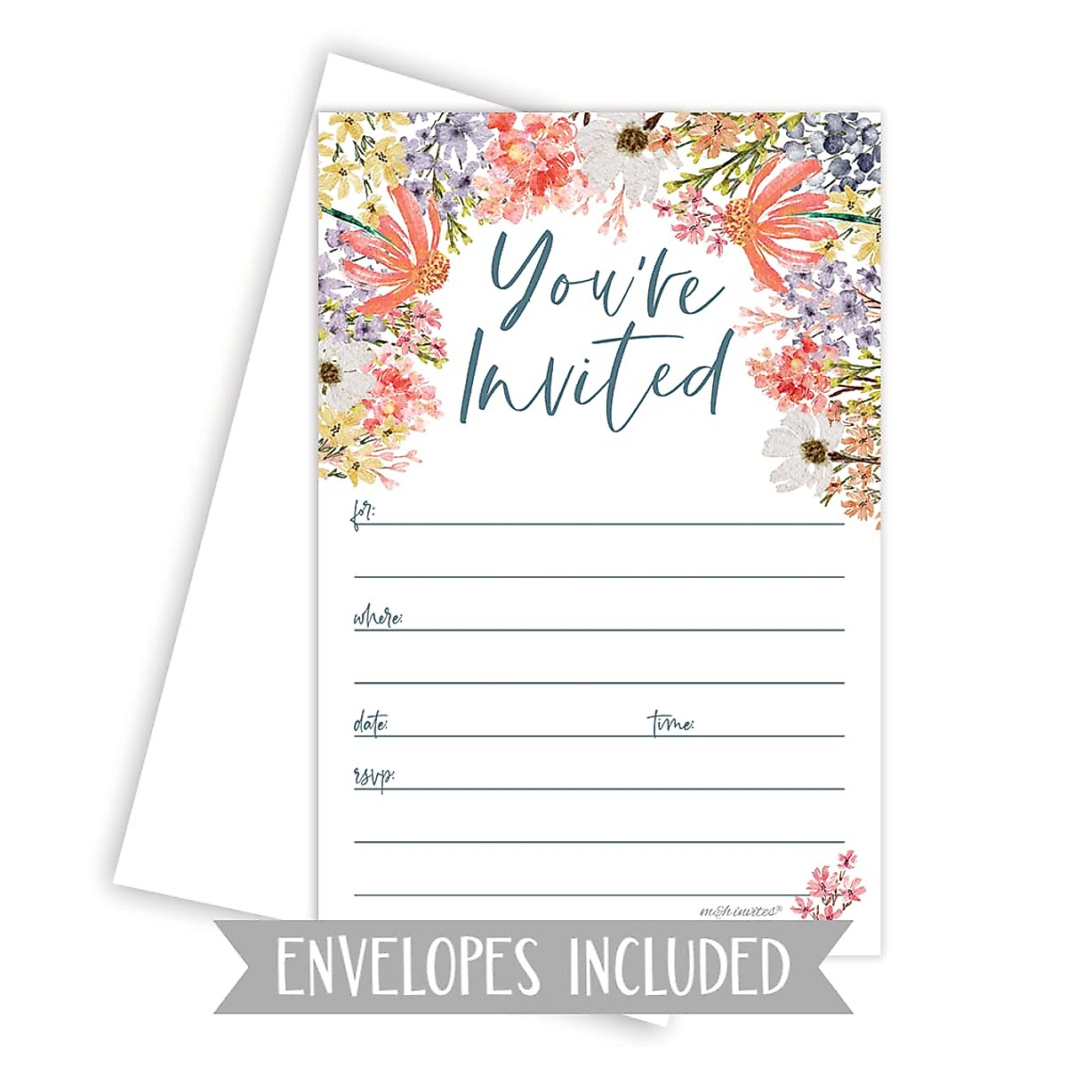 Wildflower Invitations With Envelopes (20 Count) - Floral Boho Garden Theme For Bridal Shower, 1st Birthday, Adult Birthday, Brunch or Baby Shower