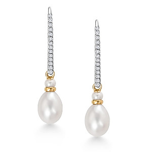 Gem Stone King 925 Sterling Silver and 10K Yellow Gold 9X7MM Cultured Freshwater Pearl and White Lab Grown Diamond Dangling Earrings with Leverback For Women