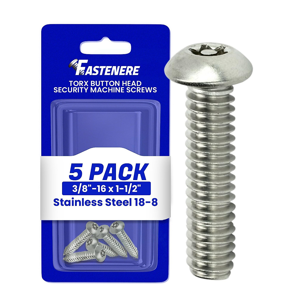 Fastenere Torx Security Machine Screws - 3/8-16 x 1-1/2" (5-Pack) Stainless Steel, Tamper-Resistant, Button Head Screws, Bolt Screw for Higher Level of Safety & Theft Prevention