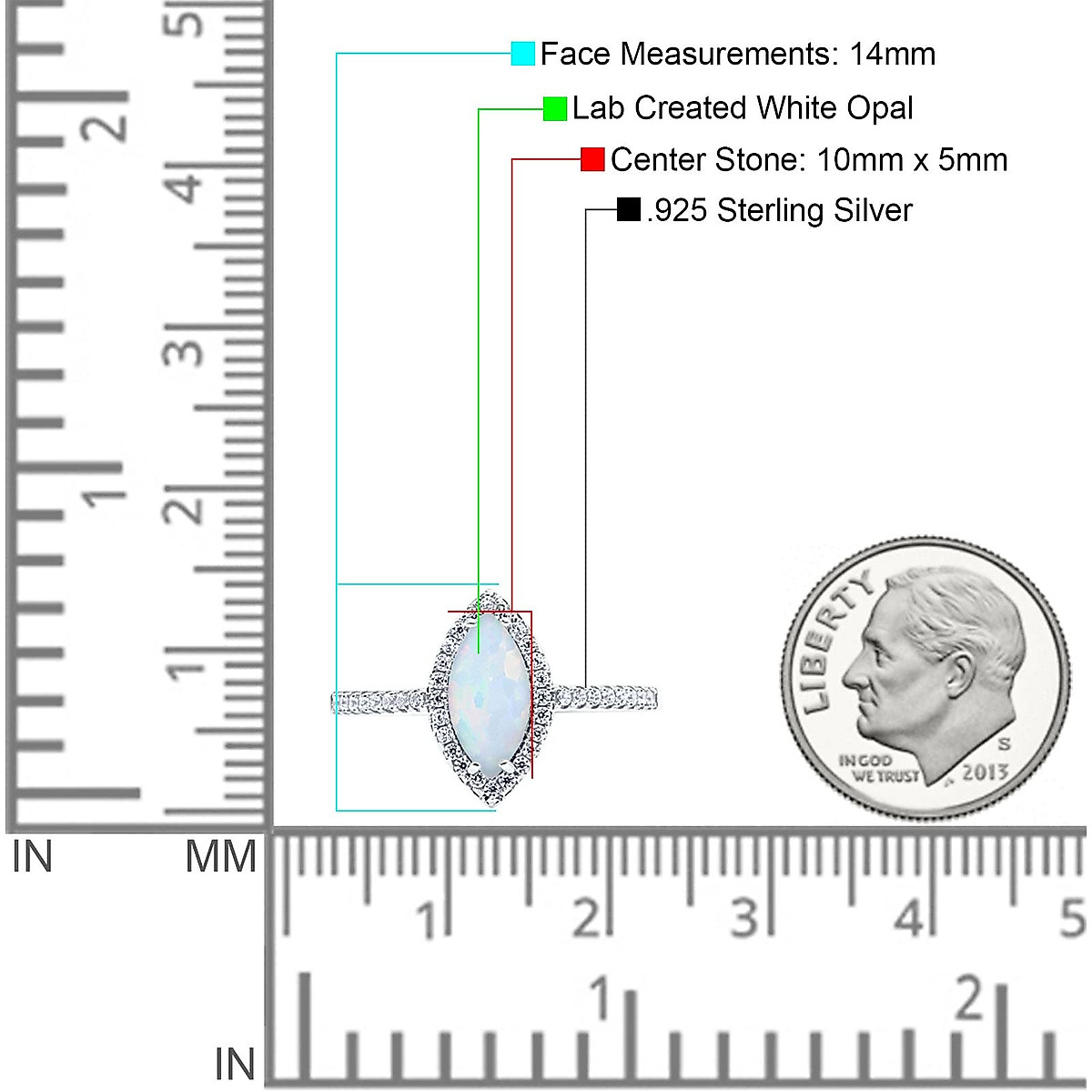 Blue Apple Co. Lab Created White Opal Size-8 Fashion Halo Engagement Ring Marquise Round CZ 925 Sterling Silver