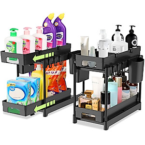 2Pack Under Sink Organizers and Storage Double Sliding,2 Tier Pull Out Cabinet Organizer Bathroom Storage Organizer with Hooks Hanging Cups Dividers,Under Sink Storage for Bathroom Kitchen Countertop