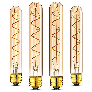 E26 Tubular LED Light Bulbs 40Watt,7.3inch T10 Tube Long Light Bulb Dimmable,4W Thin Vintage Edison LED Filament Decorative Antique Light Bulb,2700K Warm White Type T Bulb,400LM,110V,Amber(4-Pack)