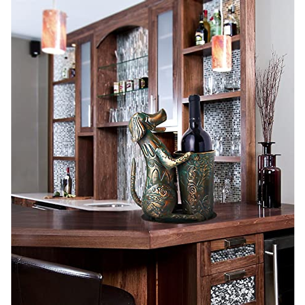 FANWNKI Metal Wine Bottle Holder Bronze Dog Sculpture Wine Rack Home Kitchen Tabletop Decor 11.4Inch