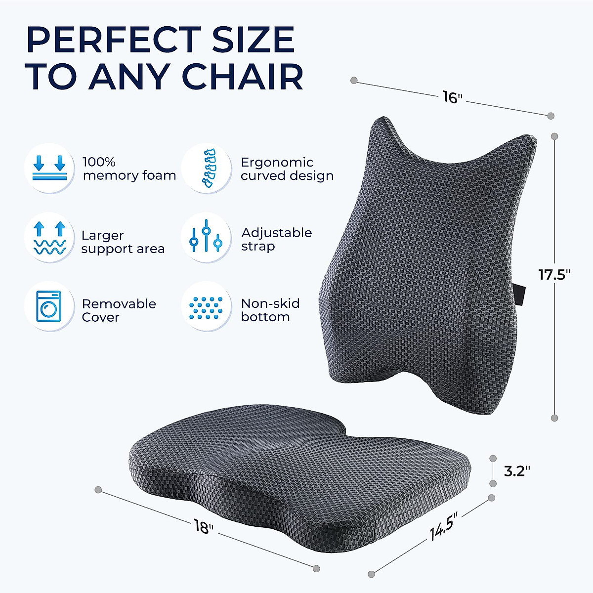 Seat Cushion & Lumbar Support Pillow: Memory Foam Chair Pad Back Cushion for Office Chair Car Seat Wheelchair Travel, Reduce Tailbone Pressure and Improve Comfort, Orthopedic Sciatica Hip Pain Relief