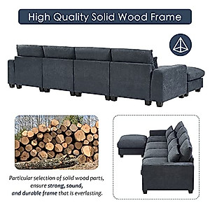 BSYEIO 129.9" Modern Sectional Sofa for Living Room, L Shaped Sofa Couch with Convertible Ottoman Modern Upholstered Sofa Couch with Ottoman Waist Pillows - Grey