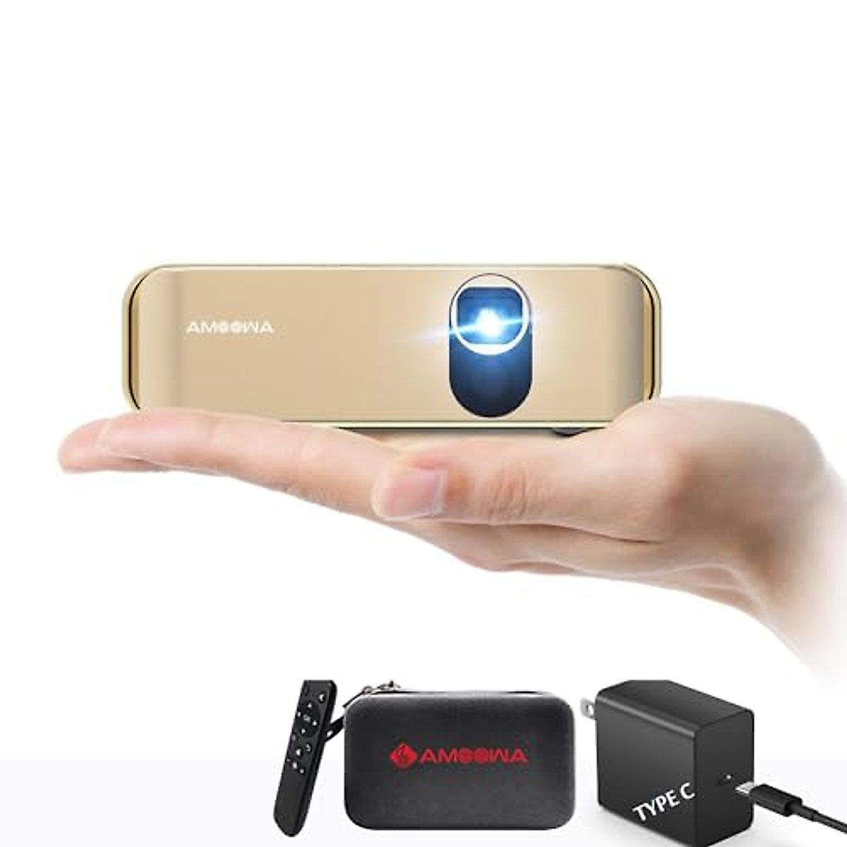 AMOOWA Mini Projector with WIFI and Bluetooth for iphone , 200ANSI DLP Mini Pocket Pico Projector - Built in Rechargeable Battery & Speaker, 1080P Support Portable Wireless LED DLP Movie & Video Gold