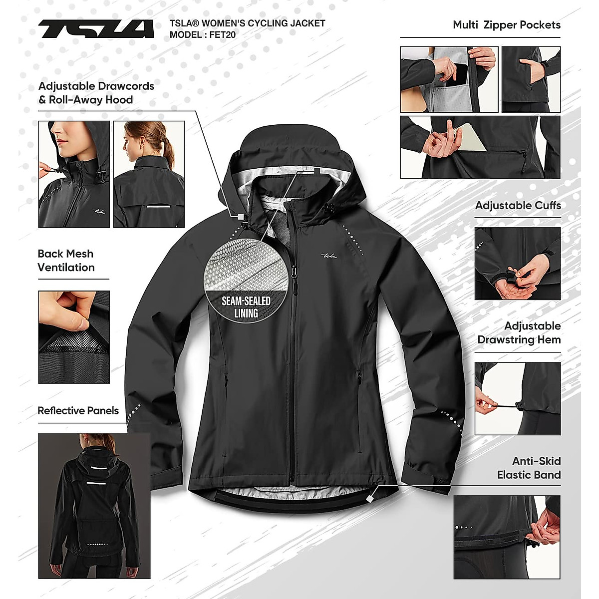 TSLA Women's Cycling Windbreaker Jacket, Waterproof Running Workout Rain Jackets, Packable Reflective Hiking Hoodie, Cycling Black, Small
