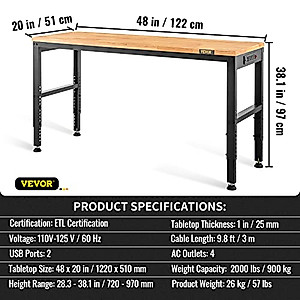 VEVOR Adjustable Workbench, 48" L X 20" W Garage Table w/ 28.3" - 38.1" Heights & 2000 LBS Load Capacity, with Power Outlets & Hardwood Top & Metal Frame & Foot Pads, for Office Home Garage