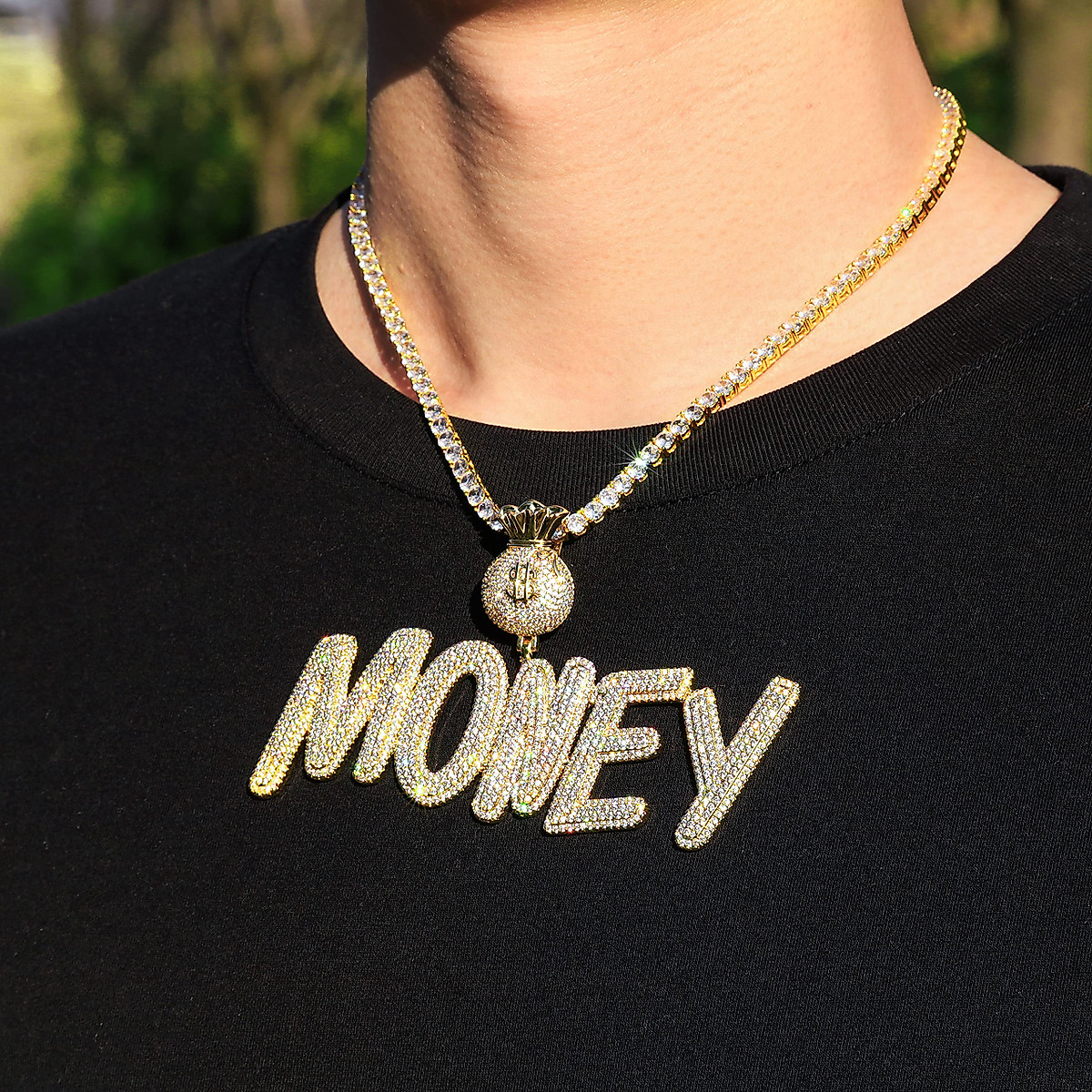 Lulu Mel Iced Out Custom Chain Initial Name Necklace,Hip Hop Jewelry 14k Gold Silver Handmade nameplate with 4mm Tennis Chain, Personalized Stainless Steel Cuban Link Chain For Man and Woman (Gold)