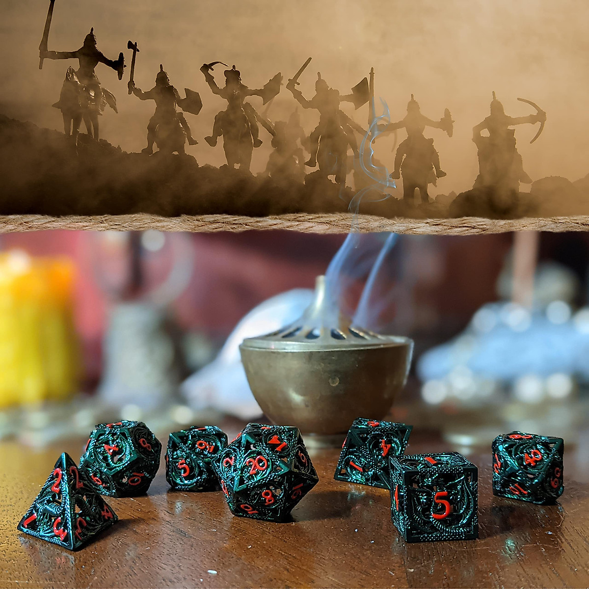 FOXBITE Green Hollow metal 7 Pcs Metal Dice Set D&D Dice Set, Polyhedral Dice Set for Dungeons and Dragons Dice, Blood Spattered Role Playing Dice Set, D+D RPG D and D Dice D20 D12(Rogue)