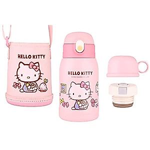 Everyday Delights Sanrio Hello Kitty Stainless Steel Insulated Water Bottle Double Covers with Cup, Straw and Bag 480ml, Pink (KT6603)