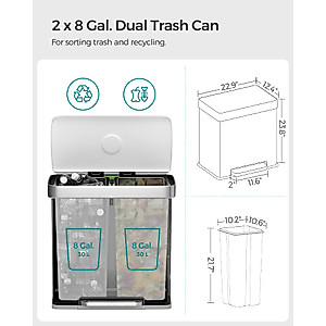 SONGMICS Kitchen, 16 Gallon (2 x 8 Gallon) Dual Compartment Garbage Can, 60L Pedal Recycling Bin, Stay-Open Lid and Soft Closure, Stainless Steel, 15 Trash Bags Included, White ULTB202W01