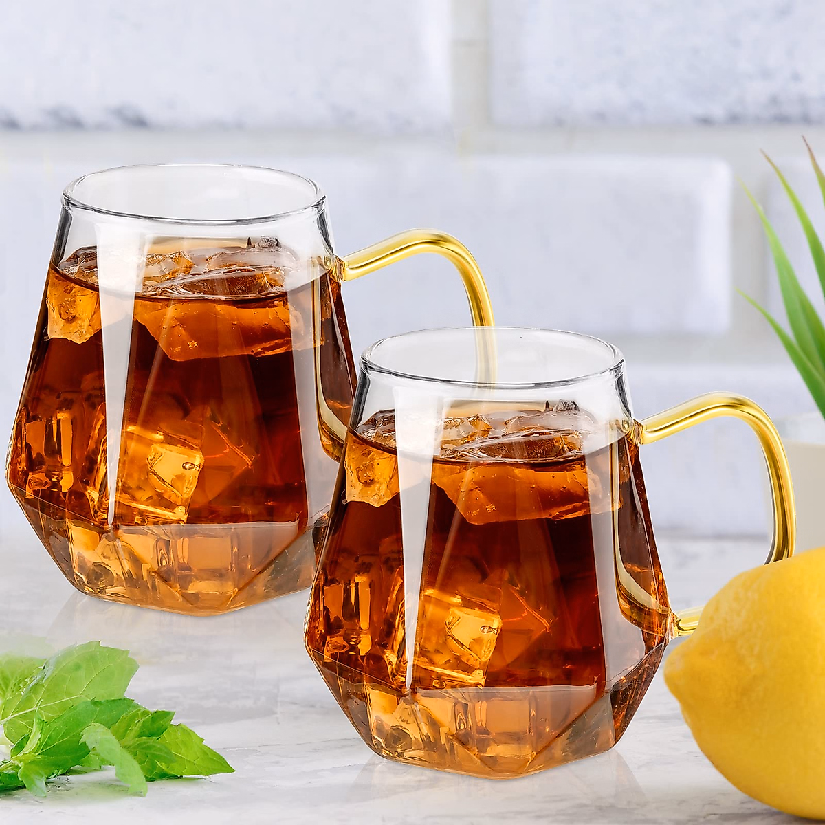 Patelai 4 Pieces Glass Coffee Cups with Handle, 10 oz Glass Clear Coffee Mugs for Hot Espresso Liquor, Microwave Safe Tea Cups Glass Set Gift, Diamond Design(4 Pieces)