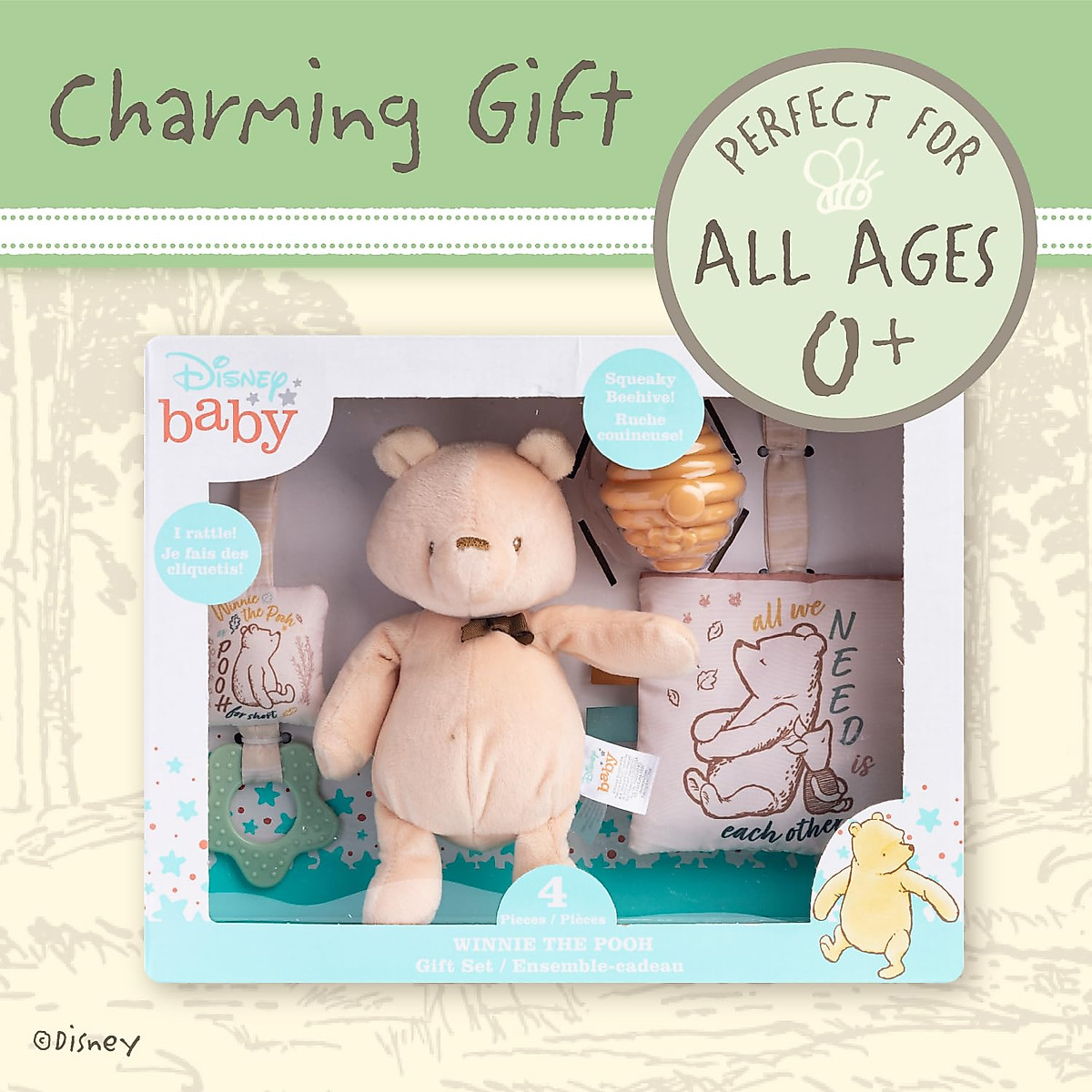 KIDS PREFERRED Classic Pooh 4 Piece Set with Pooh Stuffed Animal, Squeaker Toy, Crinkle Square, and Teether