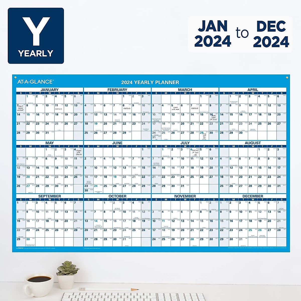 AT-A-GLANCE 2024 Erasable Calendar, Dry Erase Wall Planner, 36" x 24", Large, Horizontal, Reversible for Planning Space" (PM2002824)