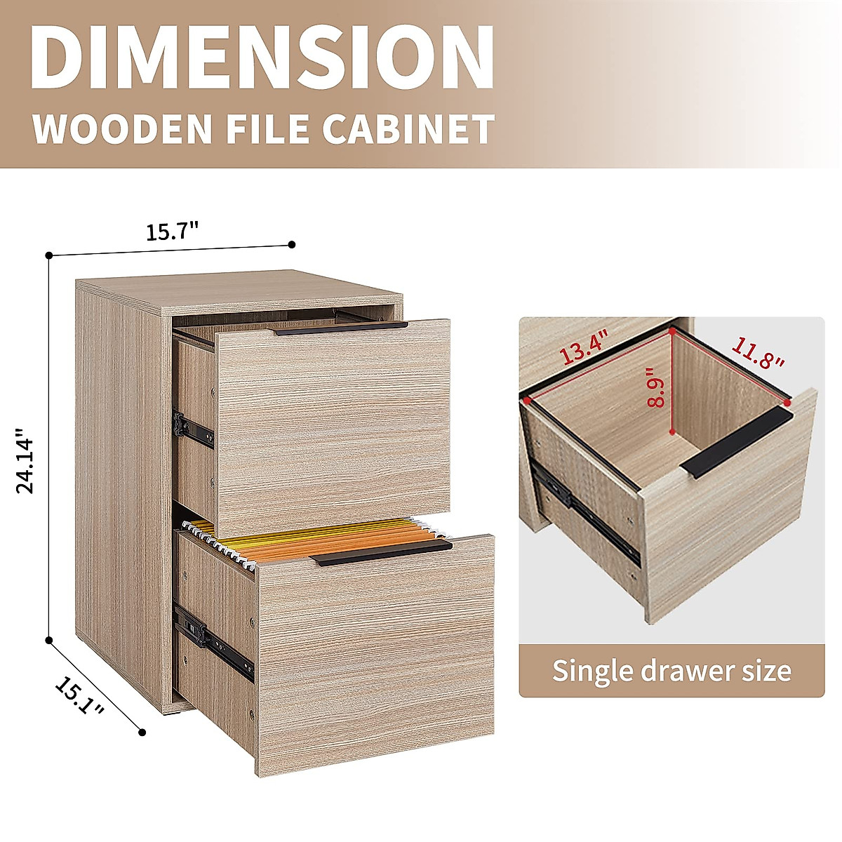 GREATMEET Wooden File Cabinet with 2 Drawer, Vertical Storage Filing Cabinet with Hanging Bars for Letter Size, 2 Drawer Filing Cabinets for Home Office, Beige