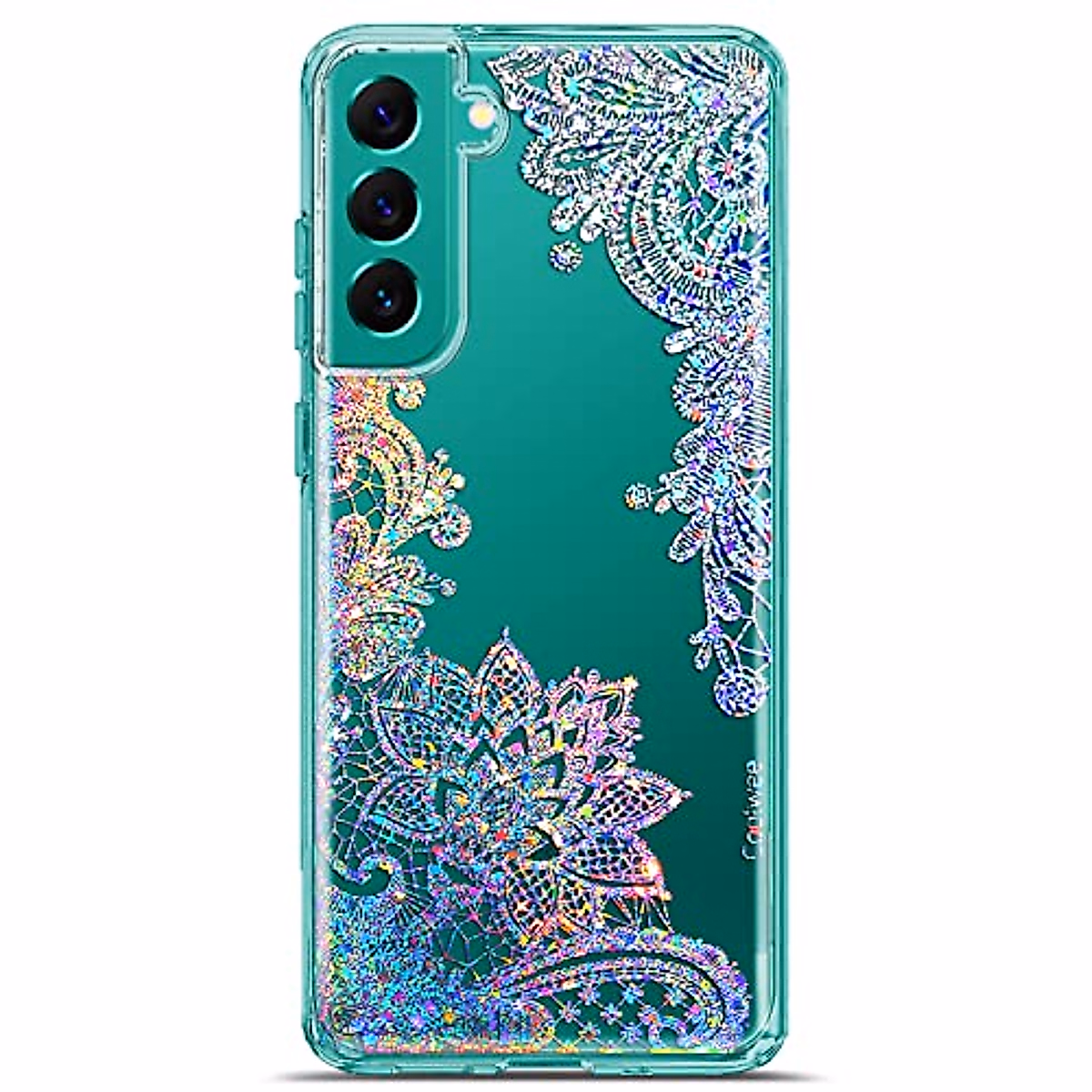 Coolwee Anti Yellowing Clear Glitter for Samsung Galaxy S22 Plus, 6.6 inch, Thin Flower Slim Cute Crystal Lace Bling Women Girls Floral Plastic Hard Back Soft TPU Bumper Protective Cover Mandala Henna