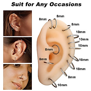 SAILIMUE 3 Pcs Surgical Steel Nose Rings Hoop for Women 18G 16G Clicker Hinged Segment Septum Lip Nose Rings Helix Cartilage Conch Rook Earrings Piercing Jewelry Diameter 8mm 10mm