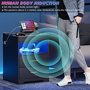 MDGC Nightstand with Lockable Gun Drawer,3 Color Dimmable LED End Table with Charging Station,Bedside Table with Auto Sensor Light,Smart Night Stand with USB-C Ports and 3 Drawers,Bedroom