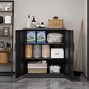 MIIIKO Metal Storage Cabinet with Locking Doors, 2-Door Metal Locker with 2 Shelves, Black Metal Cabinet with Lock for Home Office, Garage, Utility Room, Kitchen and School
