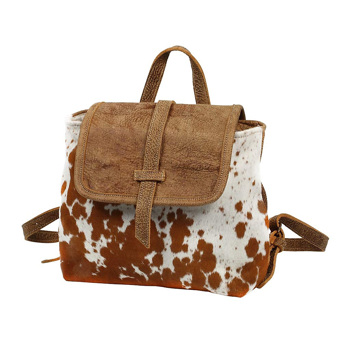 Brown and White Genuine Hair-On Cowhide and Leather Backpack