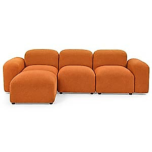 Taiweny Convertible Modular Sectional Sofa, Teddy Fabric L-Shaped Modern Bubble Couch with Ottoman, 3-Seater Sherpa Teddy Sofas for Living Room Apartment, 94”, Orange