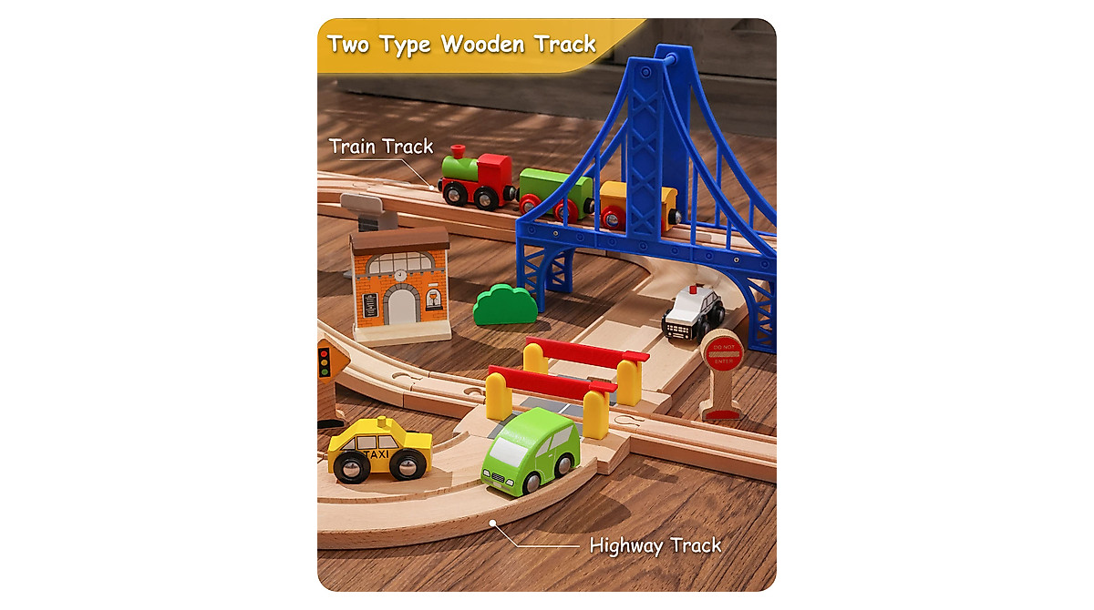 SainSmart Jr. 60-Piece Wooden Train Set for Toddlers