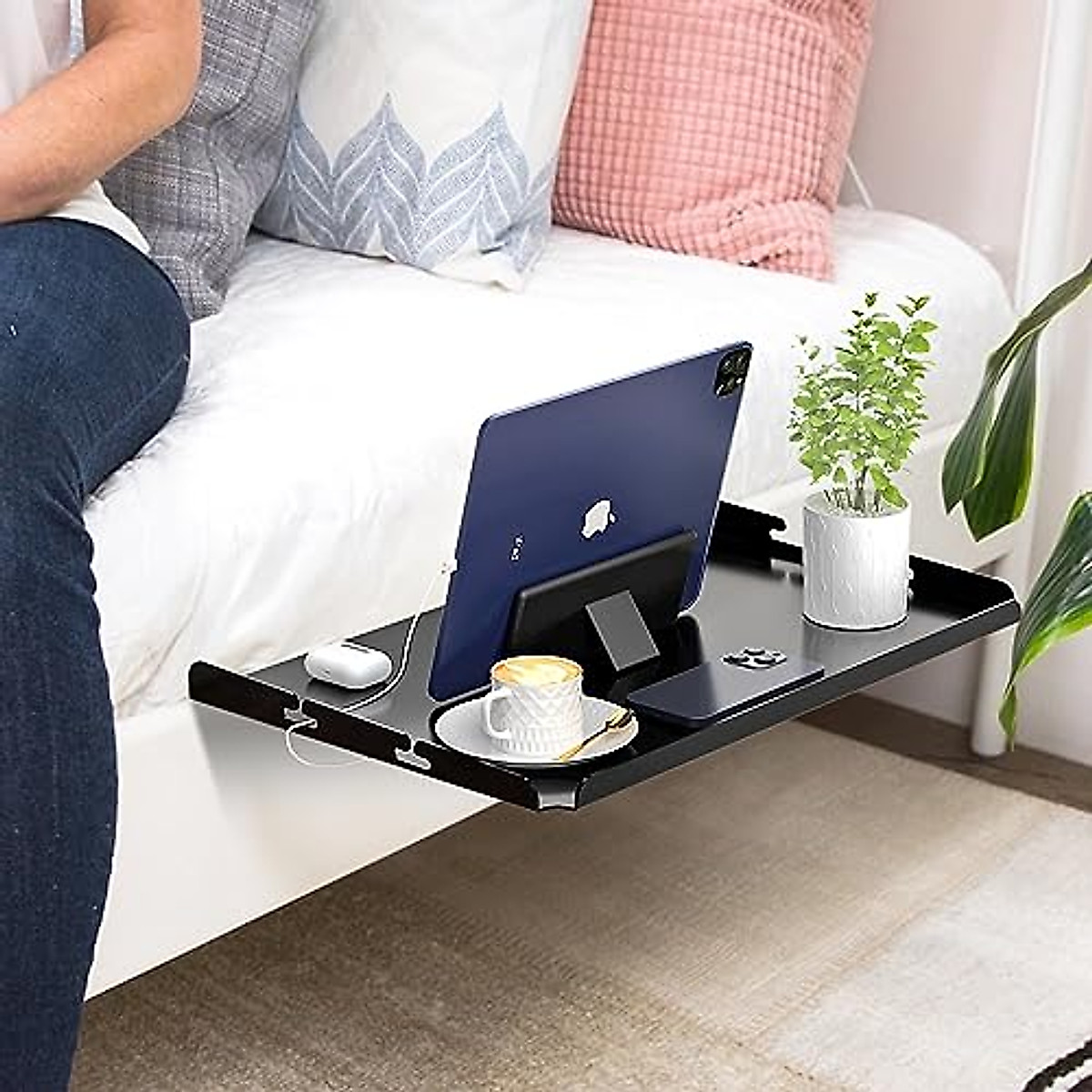 GAGUIUP Aluminum Alloy Bedside Shelf for Bed, Heavy Duty Bunk Bed Shelf Holds up to 40 Lbs, Clip On Nightstand Tray College Dorm Room Essential Bed Side Table with Charging Slot for Bed Frame, Loft