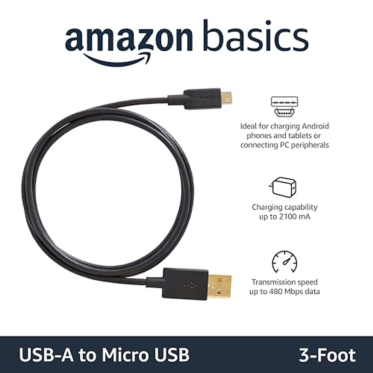 Amazon Basics 2-Pack USB-A to Micro USB Charging Cable, 480Mbps Transfer Speed with Gold-Plated Plugs, USB 2.0, 3 Foot, Black