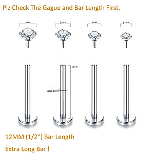 Oveta 8PCS Threadless Tragus Earrings 16G Labret Jewelry CZ Lip Ring Studs Stainless Steel Cartilage Earrings for Women Monroe Medusa Piercing Jewelry 1/2'' Long Bar