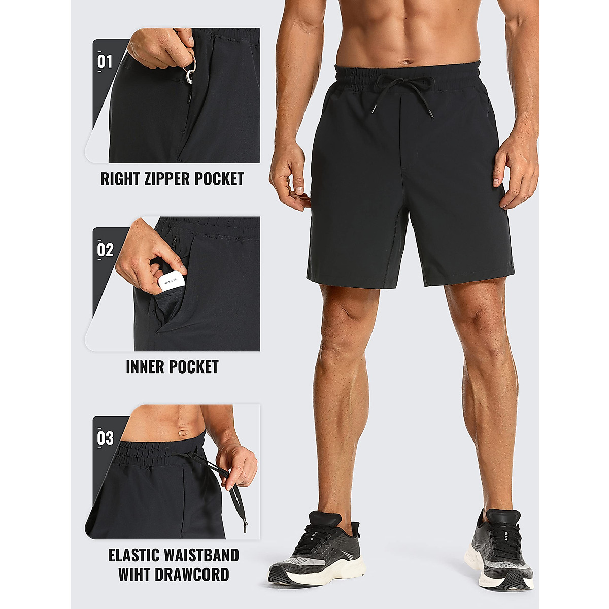 CRZ YOGA Men's Linerless Workout Shorts - 7'' Quick Dry Running Sports Athletic Gym Shorts with Pockets Black Large