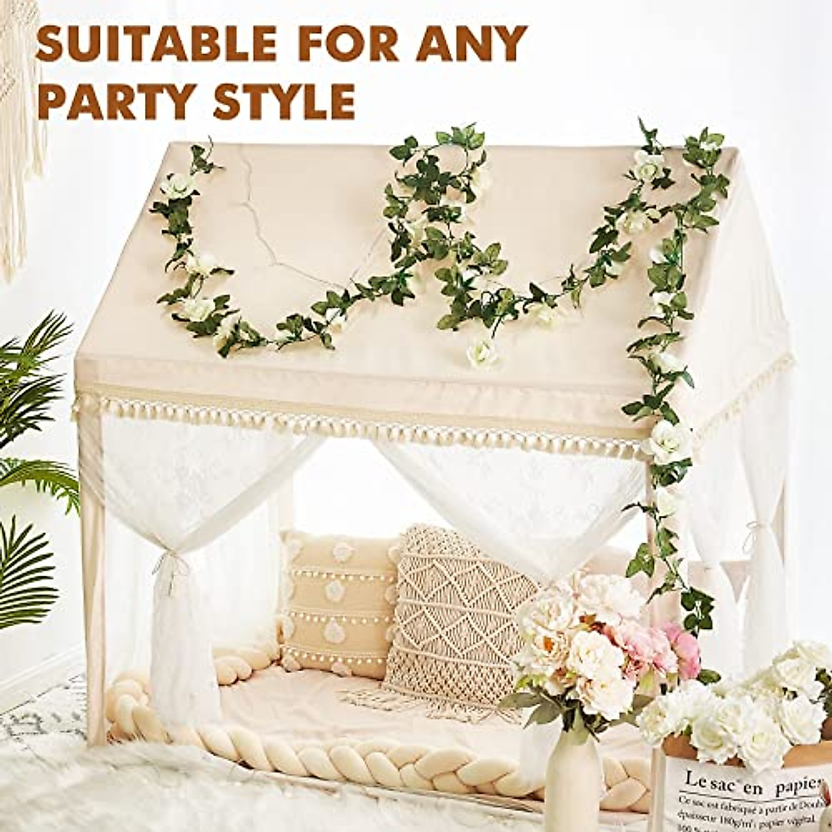 HAN-MM Kids Play Tent Large Playhouse with Mat/Star Light/Star Garland/Tassel Macrame Boho Style Indoor&Outdoor Play Tent for Kids, Neutral Color, 52x35x52, Lace Tassel