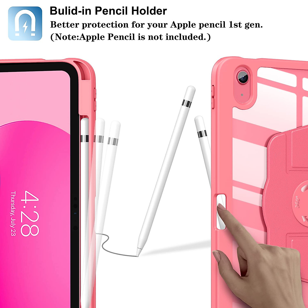 Supveco Case for iPad 10th Generation 2022 with Pencil Holder-(360 Degree Rotation & Auto Wake/Sleep), Premium Folio Stand Case with Flexible Viewing Angles for Apple iPad 10.9 Inch 2022-Watermelon