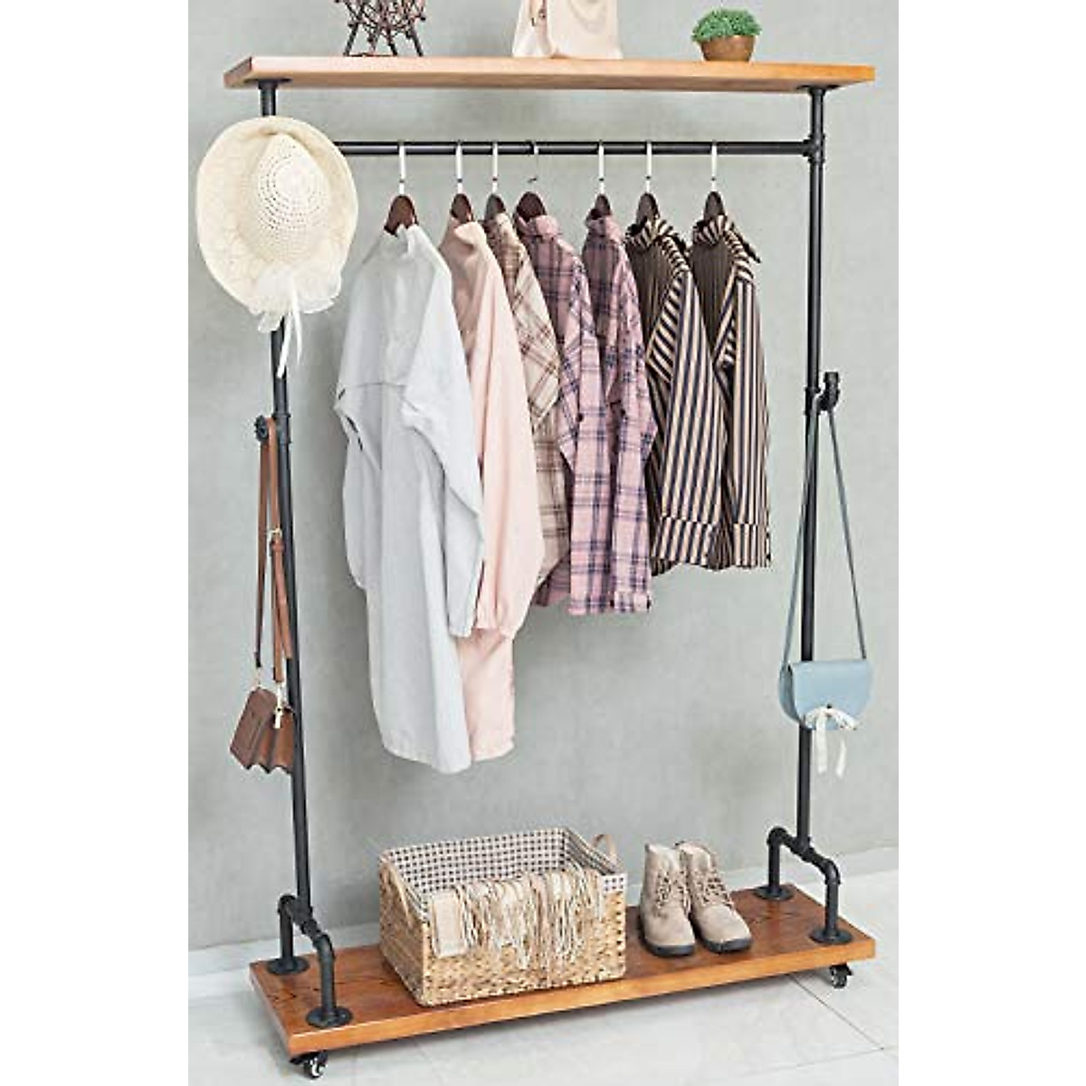 BIXIRAO Industrial Pipe Clothing Rack on Wheels, Rolling Iron Garment Racks with Wood Shelves, Commercial Heavy Duty Clothing Racks, Steampunk Clothes Rack Retail (Two Tiers 002)