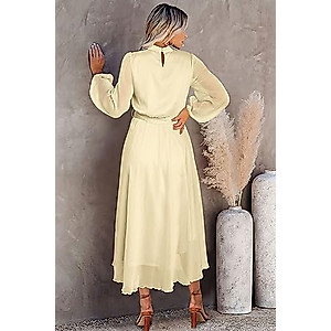 Dokotoo Womens Ladies Elegant Midi Dresses Sheer Long Sleeve Chiffon Elastic Waist A-Line Tie Waist Cocktail Evening Formal Dress for Women Fall Fashion 2023 Apricot Medium