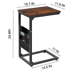 ECO-WILL C Shaped End Table for Sofa,Small Narrow Side Table with Storage Bag for Small Spaces,Couch Table with Metal Frame for Living Room, Bedroom, Bedside, Rustic Brown and Black. (1)