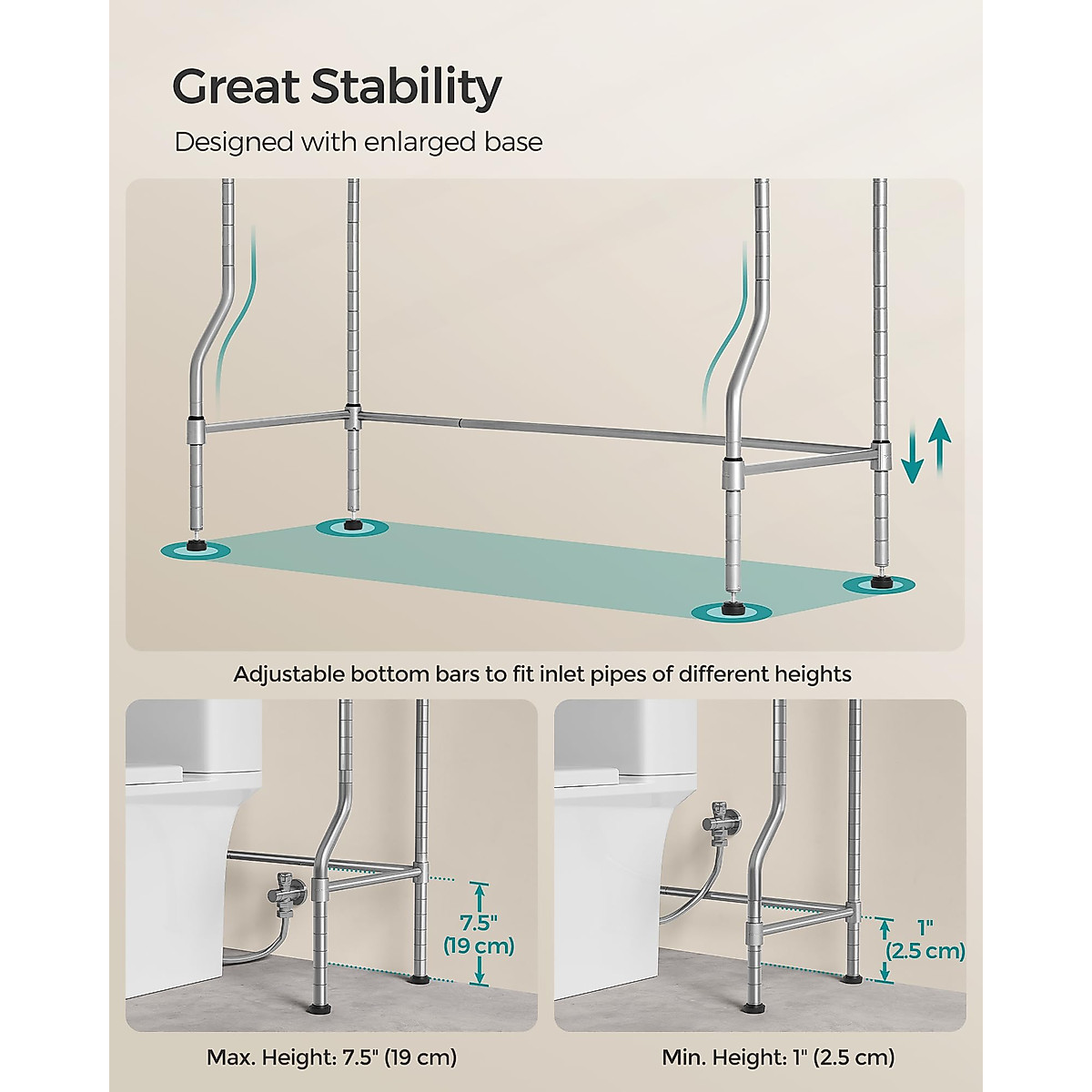 SONGMICS 4 Tier Over The Toilet Storage, Metal Storage Rack, Adjustable Shelves, 4 Hooks, Roll Holder, Space-Saving Bathroom Storage Shelf Organizer, 11.8 x 32.7 x 69.3 Inches, Silver Gray UBTS023G01