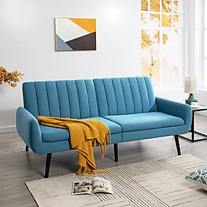 Naomi Home Raven Modern Futon Sofa Bed, Convertible Sofa Futon, Split Back Linen Sleeper Couch for Living Room, Mid Century Modern Couch Bed, Fold Out Couch Bed with Tapered Legs Seafoam Blue